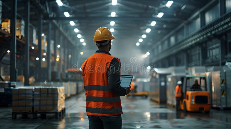 Industrial Worker Overseeing Warehouse Operations, in Reflective Vest ...