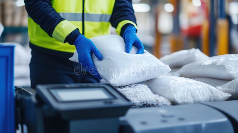 Industrial Worker in Reflective Clothing Handling White Package in ...