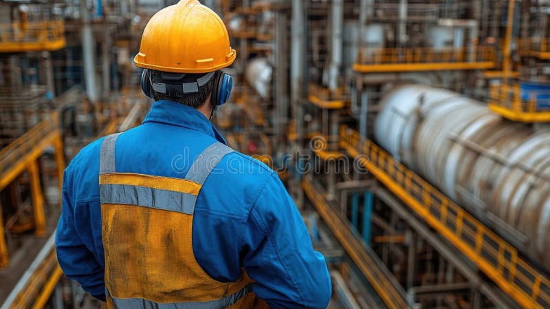 Industrial Worker in Safety Gear Overlooking a Large Factory Complex ...