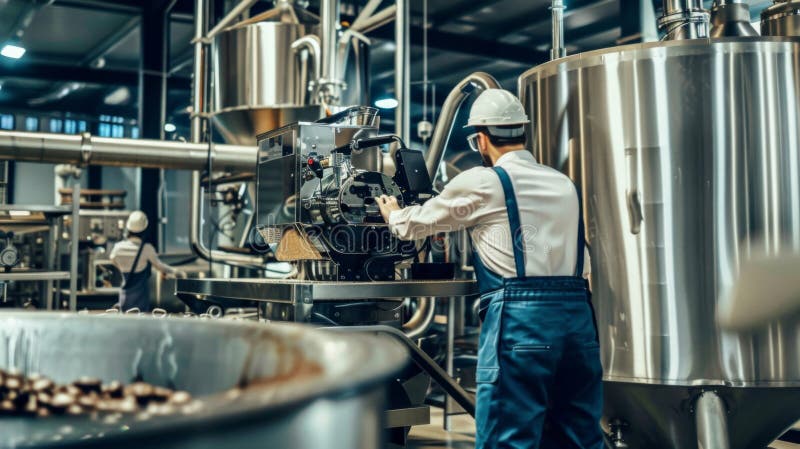 Professional Worker Operating Machinery in Modern Manufacturing Plant ...