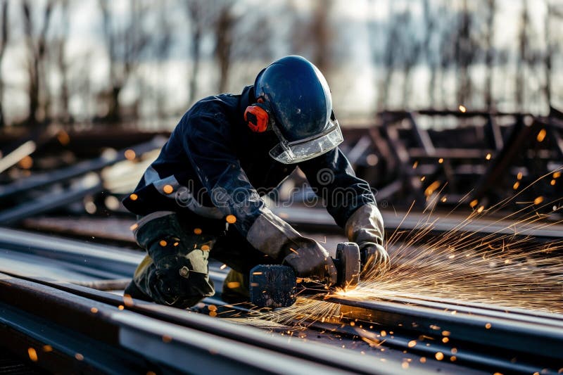 Industrial Worker Using Angle Grinder and Cutting Metal Pipe ...