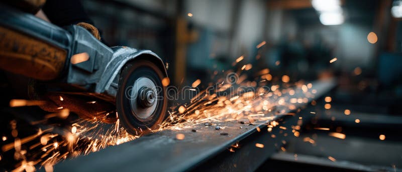 Industrial Worker Using Angle Grinder Cutting Metal with Sparks Flying ...