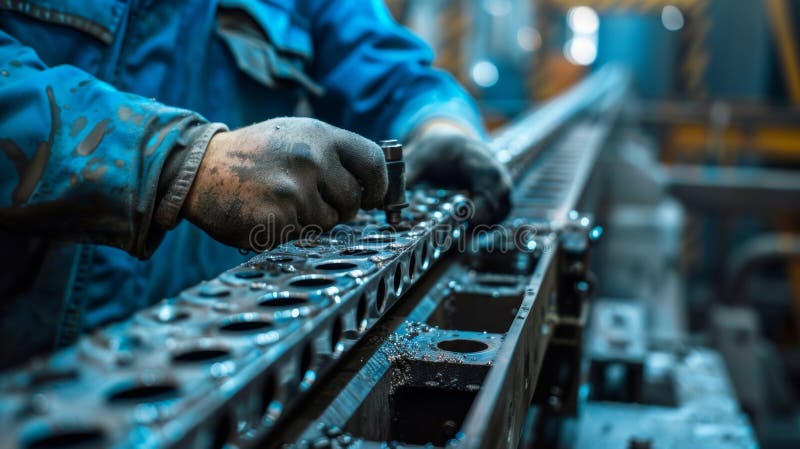 Industrial Worker Using Riveting Tool on Metal Profile for Assembly ...