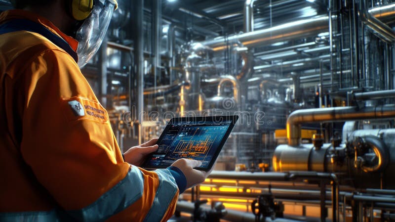 Industrial Worker Using Tablet Refinery Background Technology Stock ...