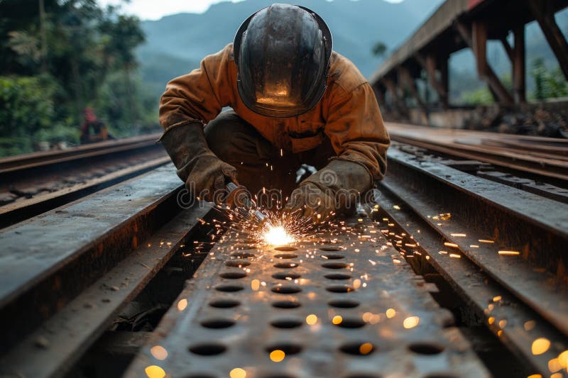 Industrial Worker Using Welding Torch for Railroad Track Maintenance ...