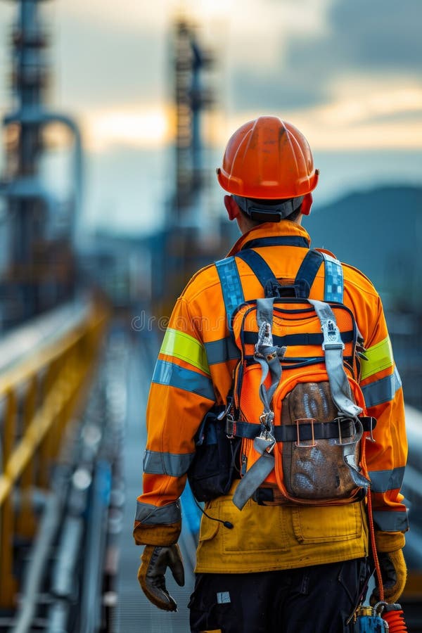 An Industrial Worker Wearing Safety Gear Walks on a Platform at a ...