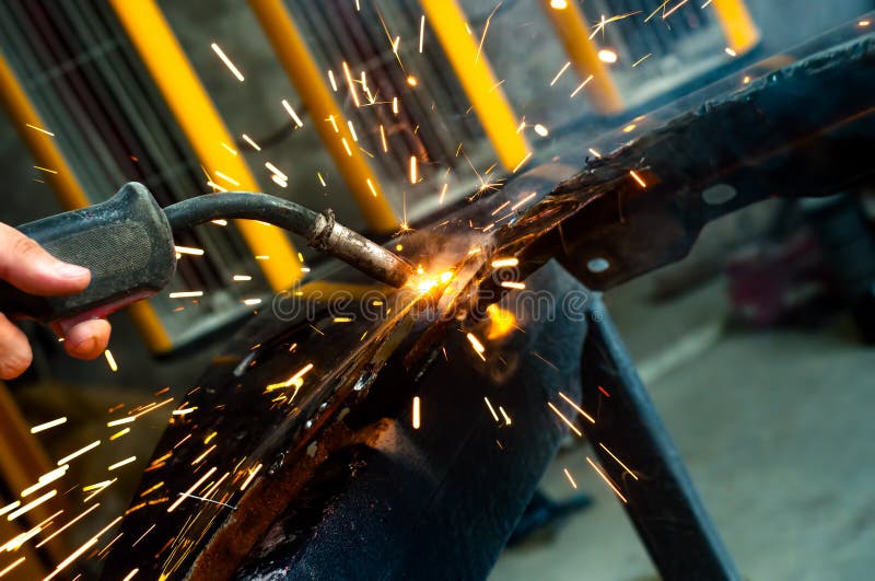 Industrial Worker Welding with Sparks Stock Image - Image of light ...
