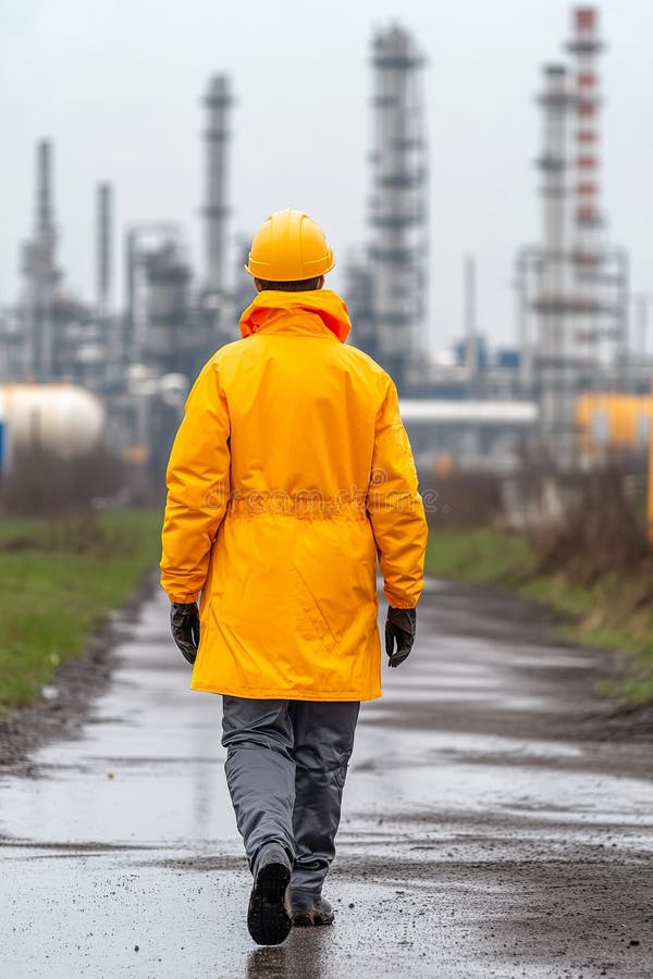 Industrial Worker in Yellow Jacket Walking at Oil Refinery Stock Photo ...