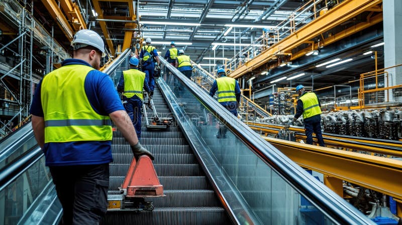 Industrial Workers Ascending Escalators in a Large Warehouse Logistics ...