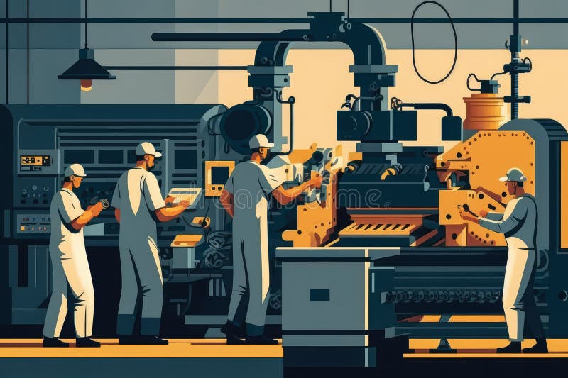 Industrial Workers Assembling Complex Machinery Using High-tech Tools ...