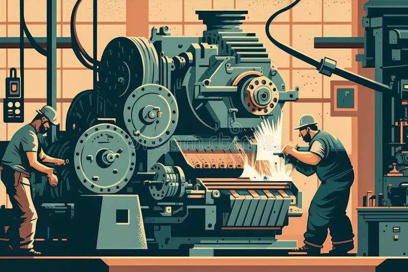Industrial Workers Assembling Complex Machinery Using High-tech Tools ...