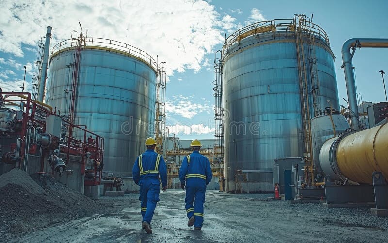 Industrial Workers in Blue Overalls at a Refinery Complex Stock Photo ...