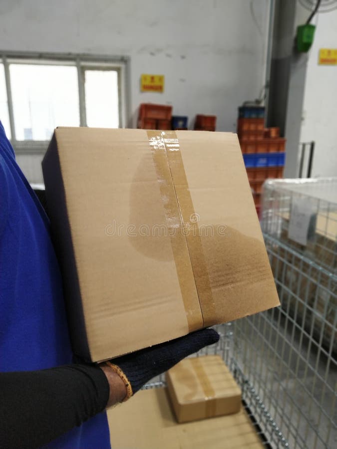 The Industrial Workers Carry on Carton Box with Hand Gloves Stock Photo ...