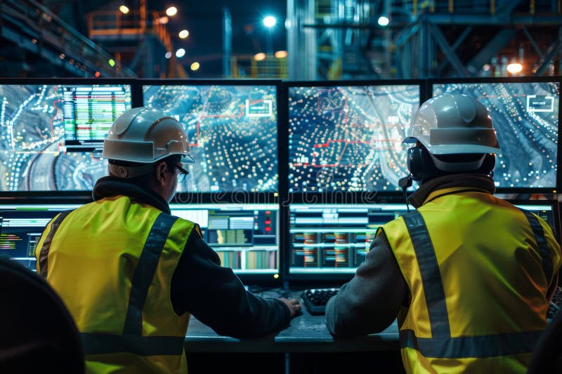 Two Workers in Hard Hats and Safety Vests Monitor Multiple Screens in a ...
