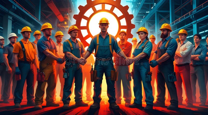 Industrial Workers Joining Hands for Progress Stock Illustration ...