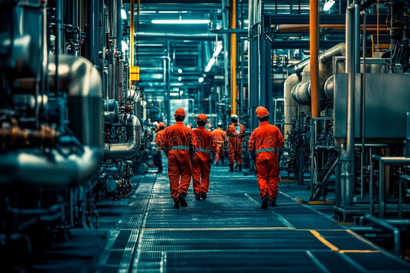 Industrial Workers Navigate Expansive Processing Plant during Busy ...