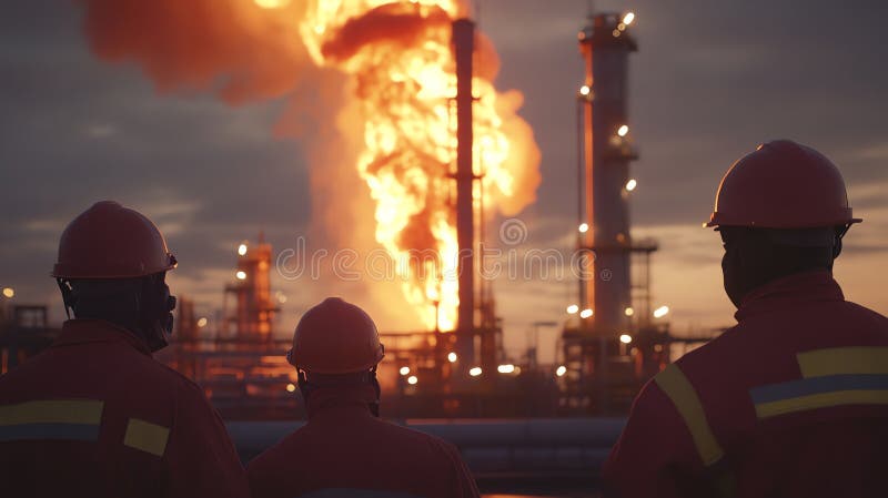 Industrial Workers Observing Gas Flare in a Refinery Setting during ...