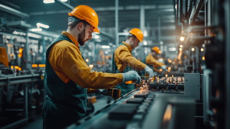 Industrial Workers Operating Machinery in a Factory Stock Illustration ...