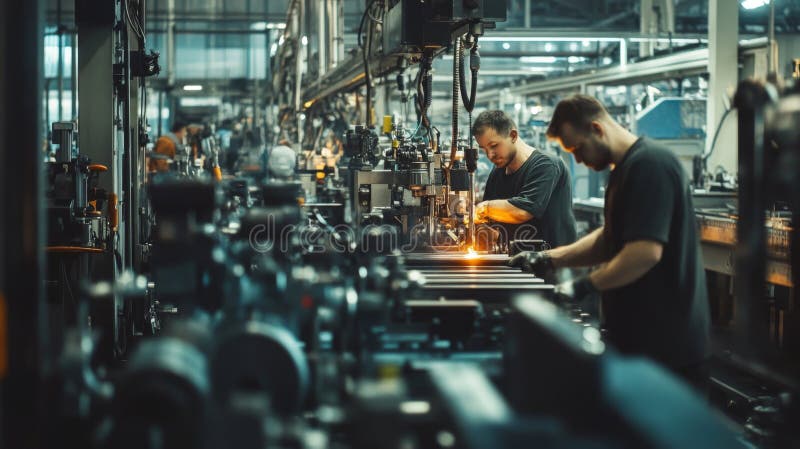 Industrial Workers Operating Welding Machine on Assembly Line Stock ...