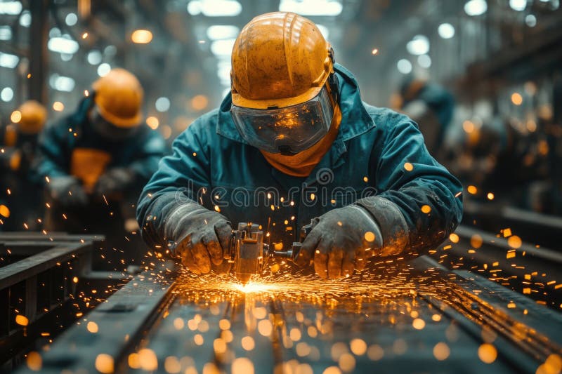 Industrial Workers in Protective Gear Using Power Tools for Metalwork ...