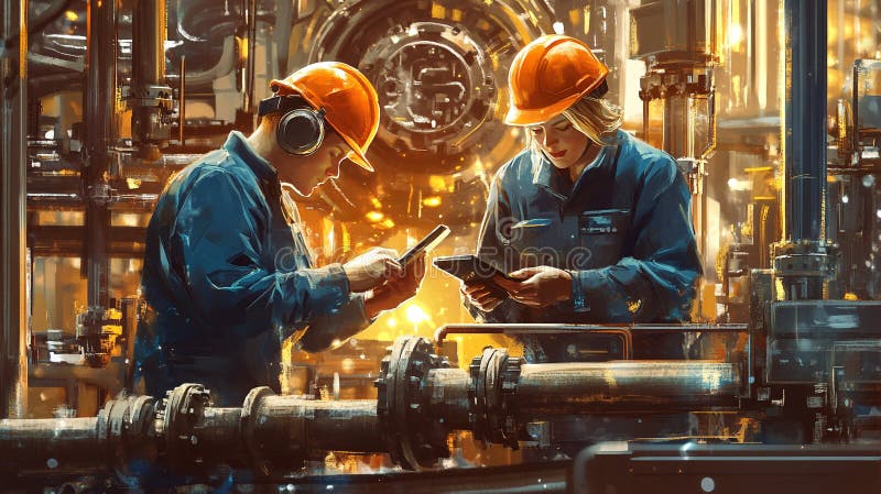 Industrial Workers Using Tablets Teamwork Refinery Factory Technology ...