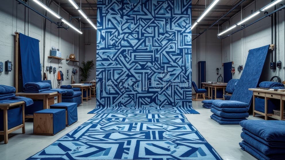 Industrial Workshop with Abstract Blue Textile Design in Modern Setting ...