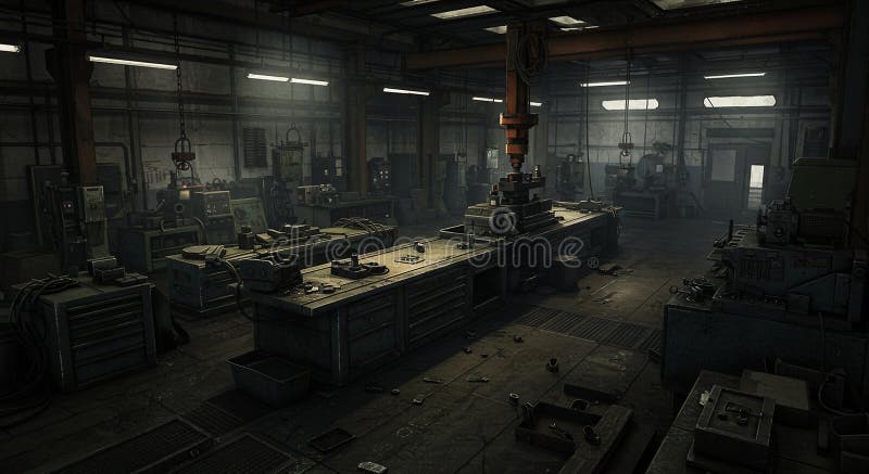 Industrial Workshop with Dim Lighting, Featuring Metal Workbenches ...