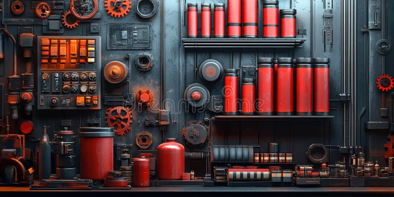Industrial Workshop Filled with Red Tools and Equipment Against a Dark ...