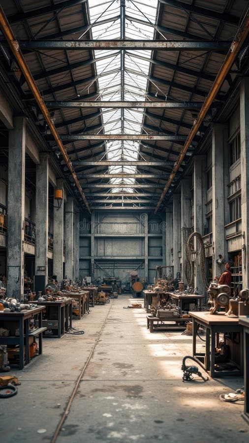 Industrial Workshop Interior with Machinery and Skylight Roof Stock ...