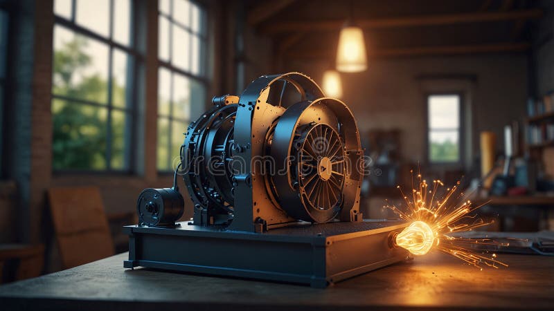 Industrial Workshop with Metal Machine and Glowing Sparks in Evening ...