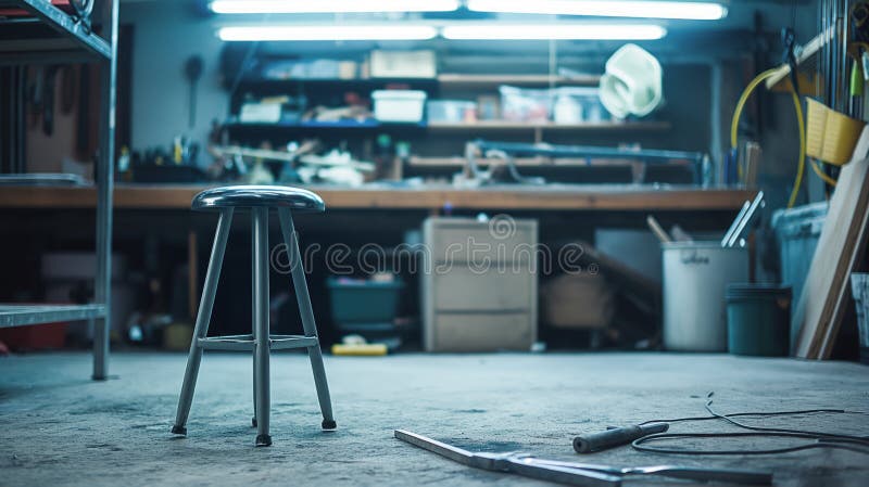 Industrial Workshop with a Metal Stool in the Center, Surrounded by ...