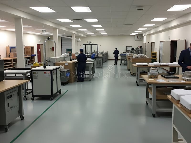 Spacious Industrial Workshop with Workers in Blue Uniforms Engaged in ...
