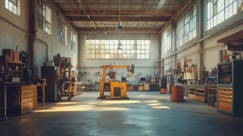 Industrial Workshop with Yellow Robotic Arm Machinery Stock Illustration - Illustration of ...