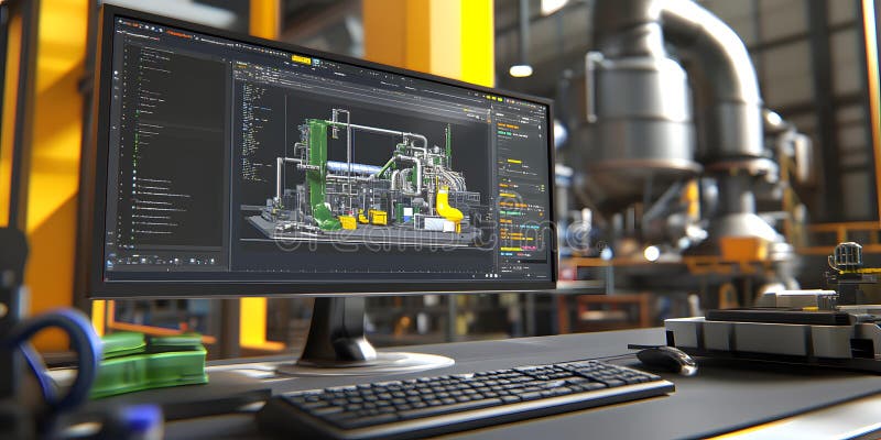 Industrial Workspace with 3D Model Stock Illustration - Illustration of ...