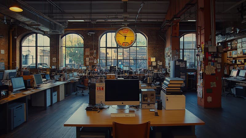 Industrial Workspace Interior with Large Windows, People Working, and ...