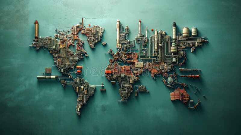 Industrial World Map with Factory Elements and Infrastructure Details ...