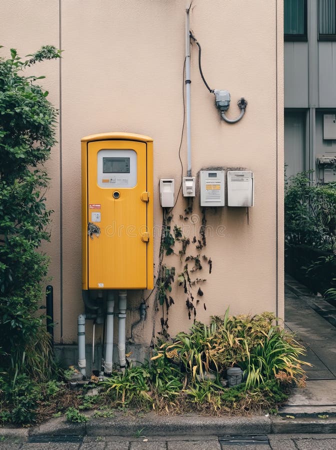 An Industrial Yellow Pipeline System Stands Out Against a Wall ...