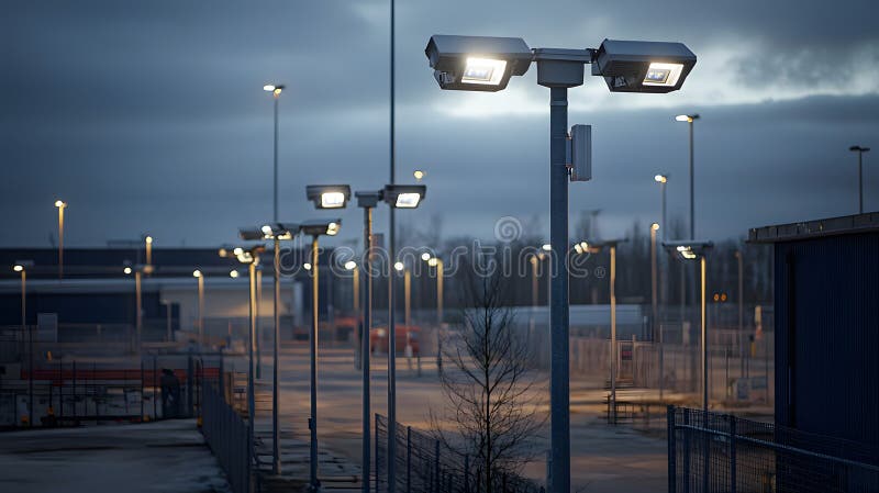 Industrial Zone with Surveillance Lighting at Dusk, Showcasing ...