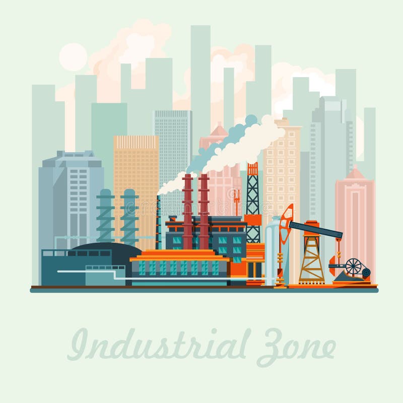 Industrial Zone Vector Illustration with Modern Plant in Flat Design ...