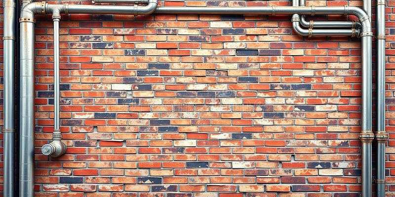 IndustrialChic Metallic Brick Wall Background with Exposed Pipes and ...