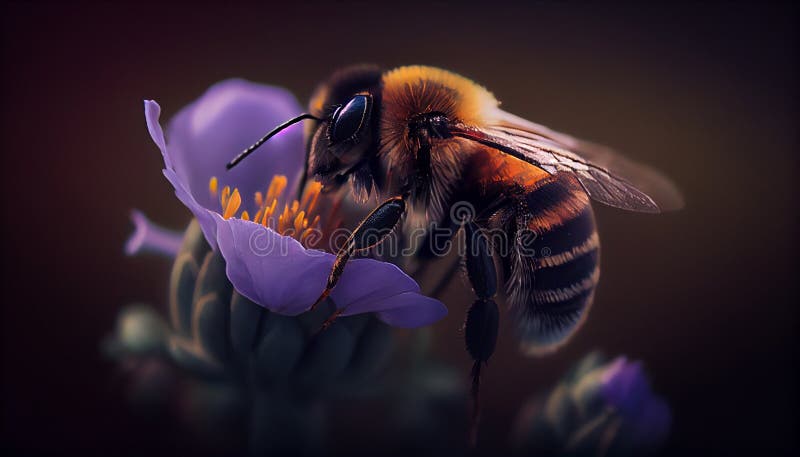 Industrious Bee Flying in Purple Flower Searching of Its Pollen ...