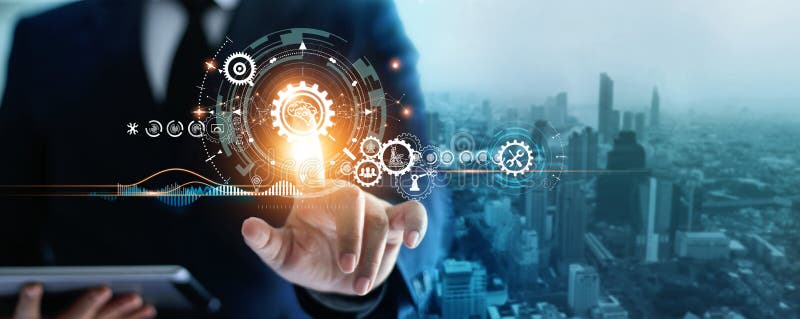 Industry 4.0, Businessman Touching Brain in Cogwheel, Innovative and ... Industry 4.0, Businessman Touching Brain in Cogwheel, Innovative and ...