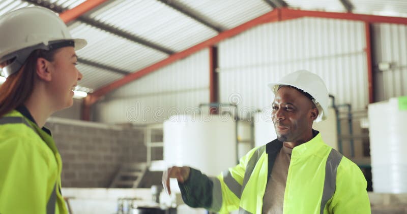 Industry, High Five and Engineer Worker People in a Warehouse for ...