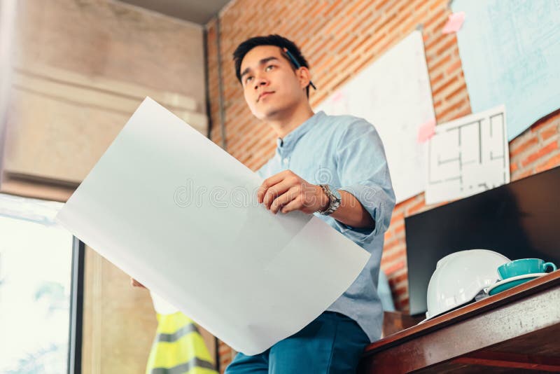 Industry Manager, Engineer, Businessman Reading and Checking Blueprint ...