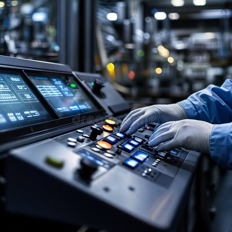 Industry. Operator with Gloves Using a Control Panel in an Industrial Building Stock ...