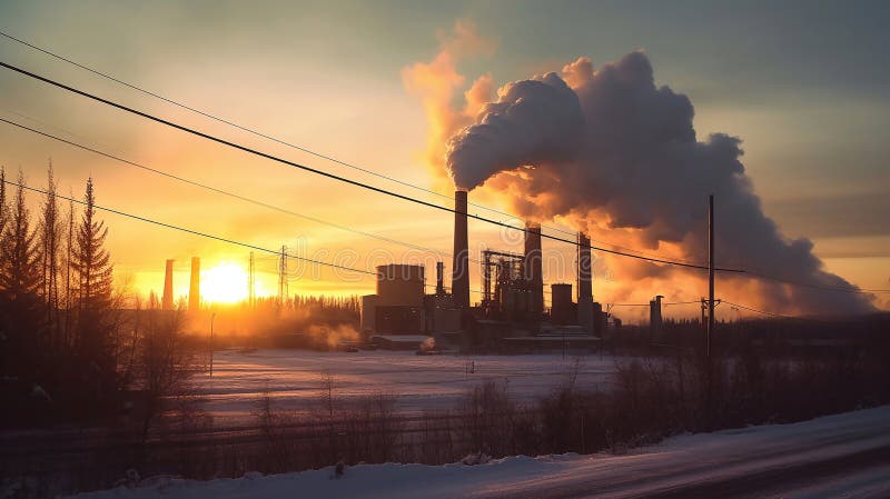 Industry and Pollution Smoke Stacks in the Setting Sun. Generative Ai ...
