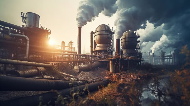 Industry and Pollution Smoke Stacks in the Setting Sun. Generative Ai ...