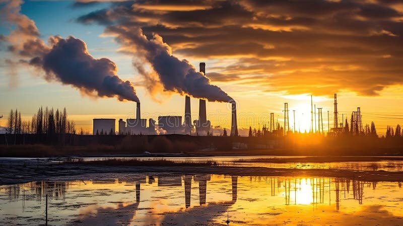 Industry and Pollution Smoke Stacks in the Setting Sun. Generative Ai ...