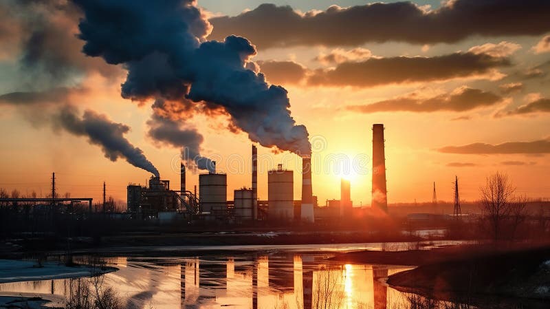 Industry and Pollution Smoke Stacks in the Setting Sun. Generative Ai ...
