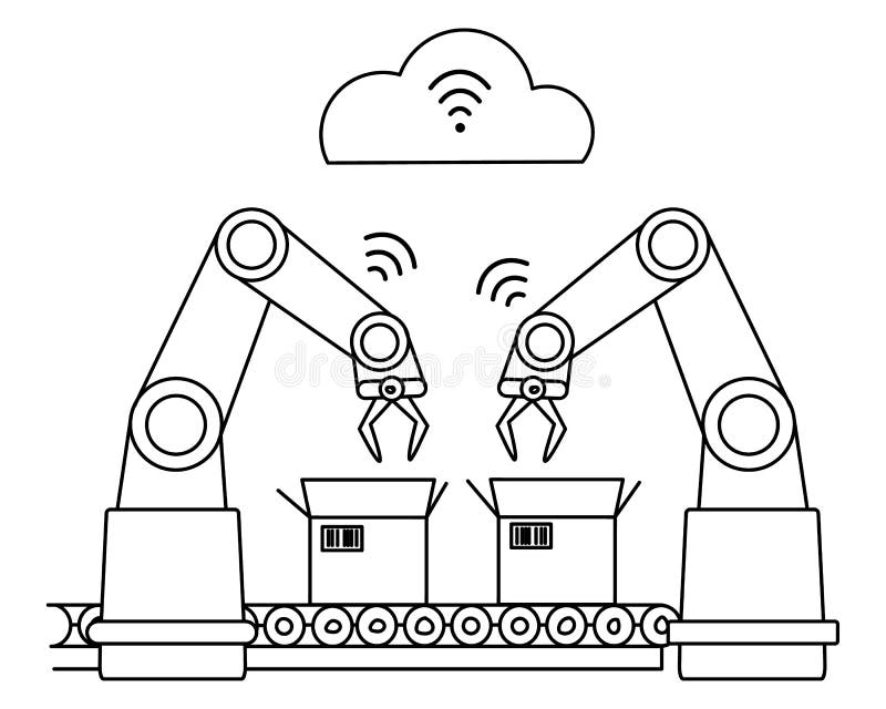 Industry 4.0 Wireless Network Robotic Assembly Line. Unfilled Line Art ...